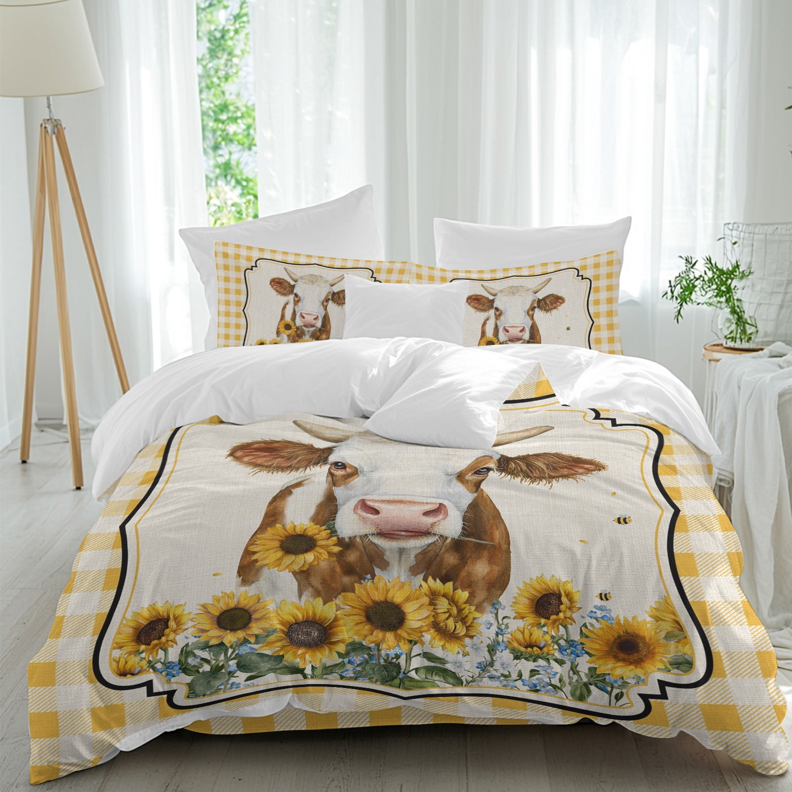 4 Piece Duvet Cover Set Full, Retro Linen Farm Animal Cow and Sunflower ...