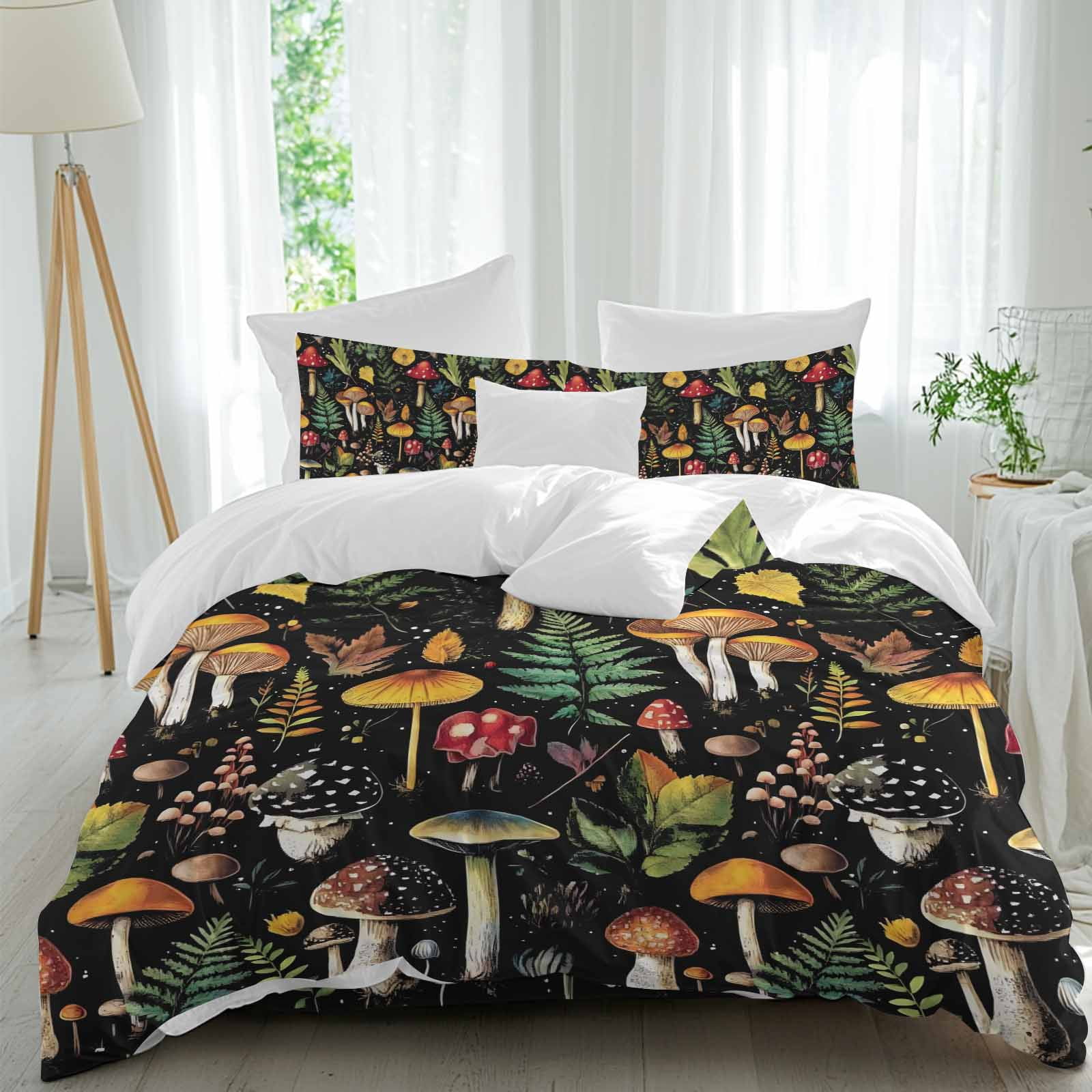 4 Piece Duvet Cover Set Full, Retro Mushroom Plant Leaves Soft ...
