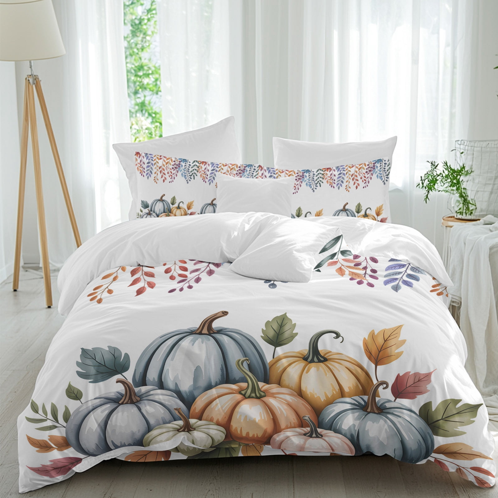 4 Piece Duvet Cover Set Full, Retro Thanksgiving Pumpkin Leaf Soft ...