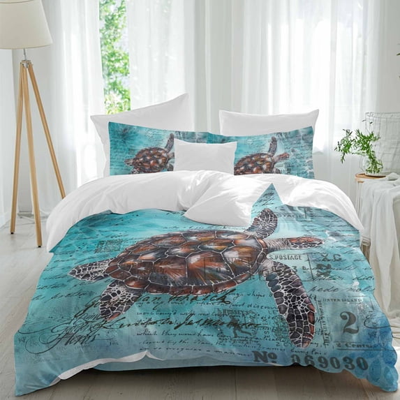 4 Piece Duvet Cover Set Full, Retro Watercolor Marine Sea Turtle Soft ...
