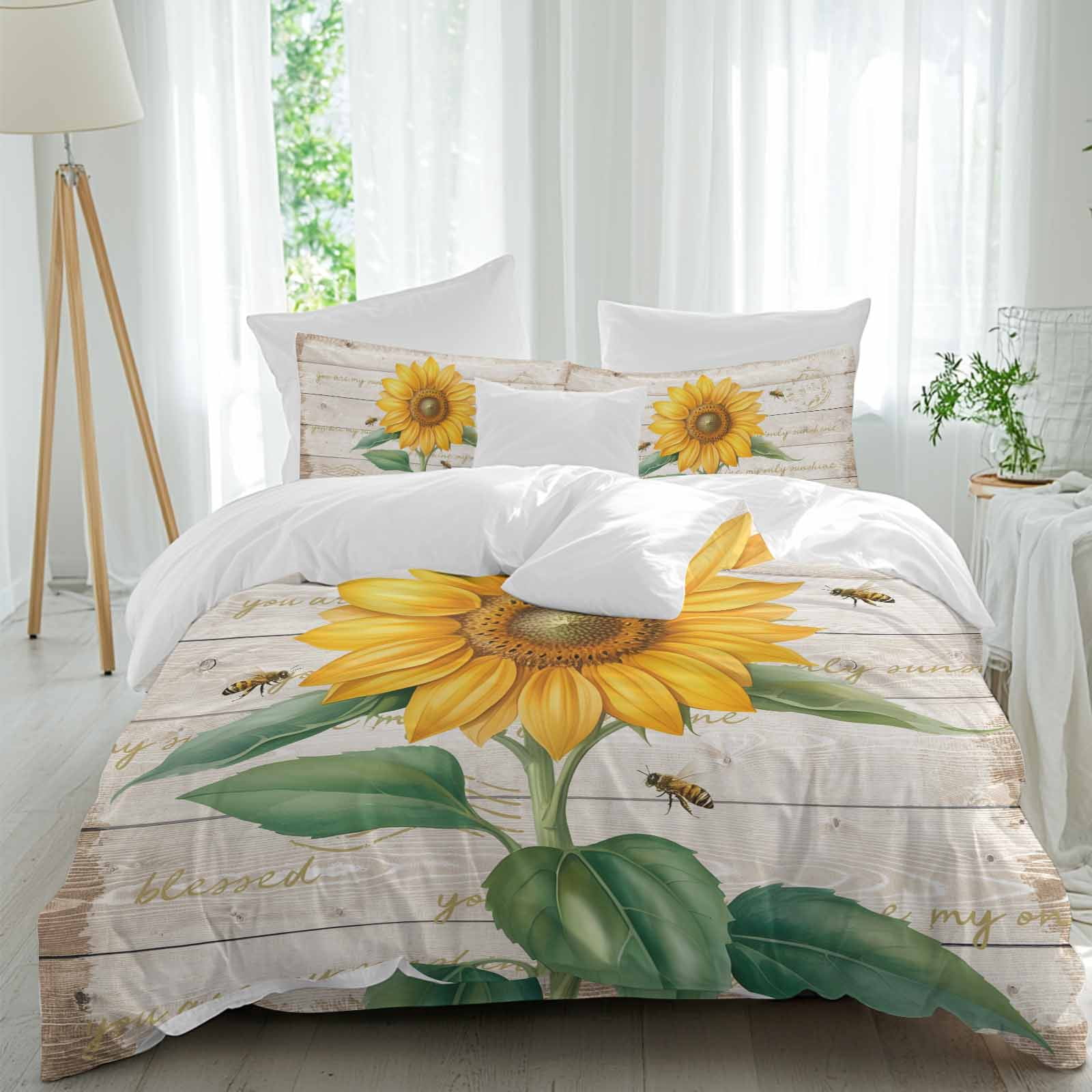 4 Piece Duvet Cover Set Full, Rustic Country Sunflower Bee Soft ...