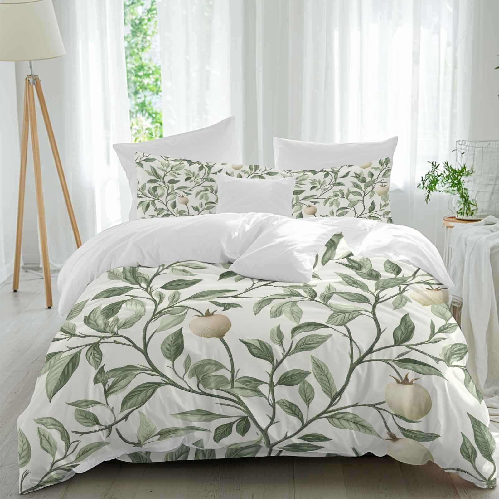 4 Piece Duvet Cover Set Full, Rustic Green Botanical Leaves Fruit Soft ...