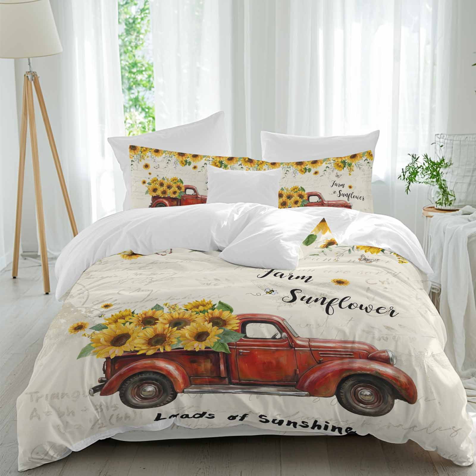 4 Piece Duvet Cover Set Full, Rustic Sunflower Red Truck Soft ...