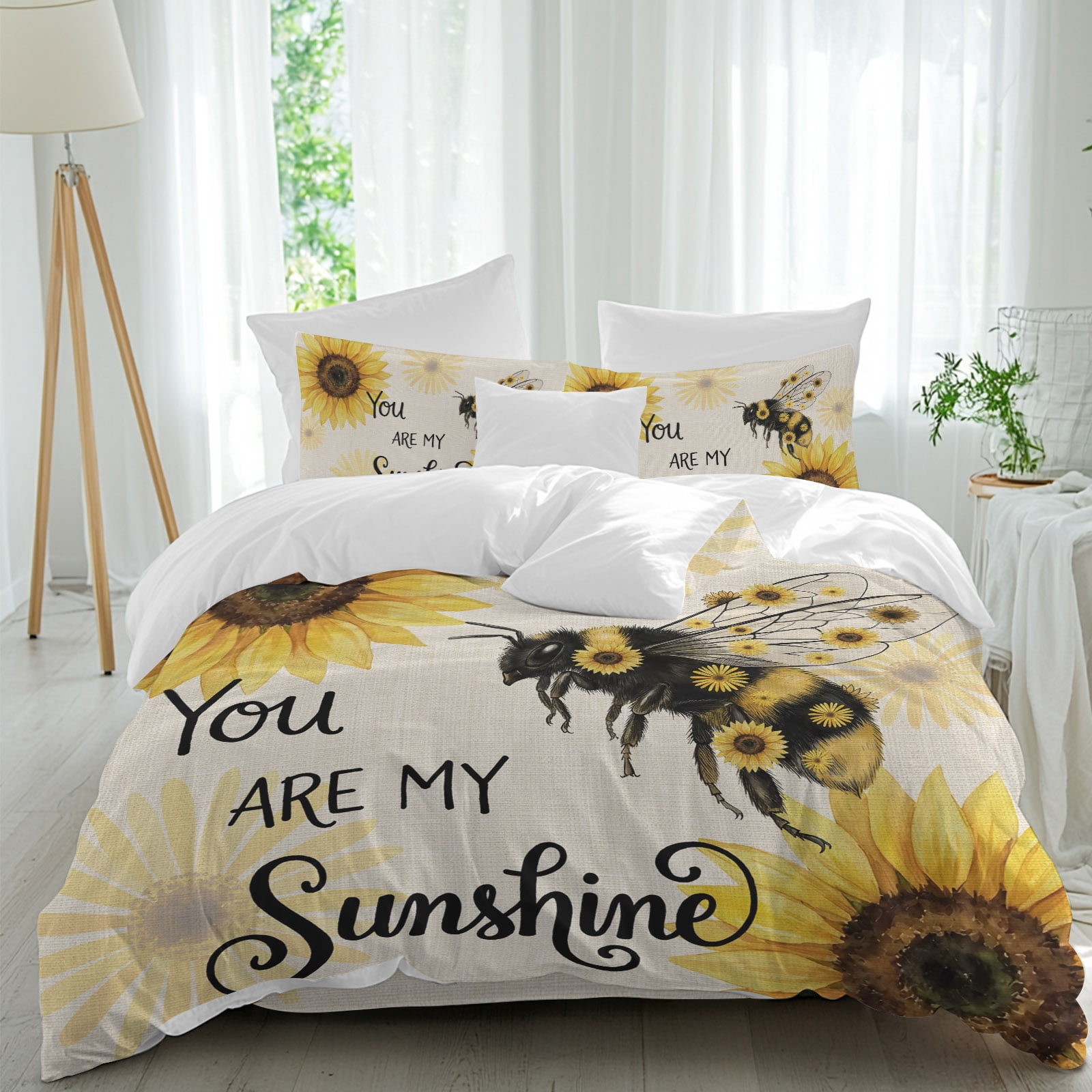 4 Piece Duvet Cover Set Full, Rustic Yellow Sunflower Retro Linen Soft ...