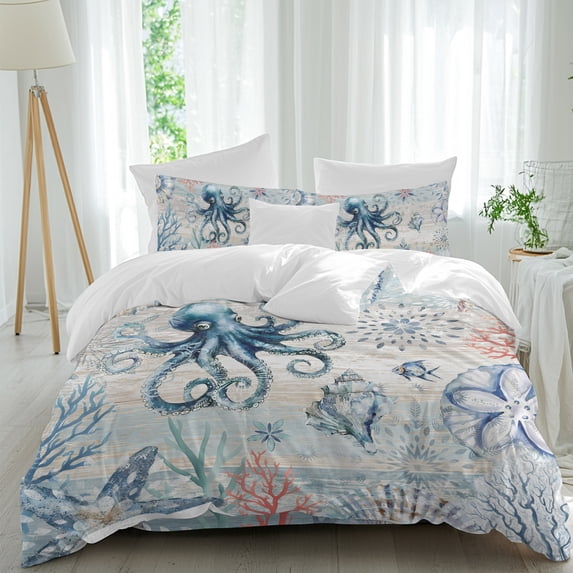 4 Piece Duvet Cover Set Full, Sea Octopus Fish Coral Soft Breathable ...