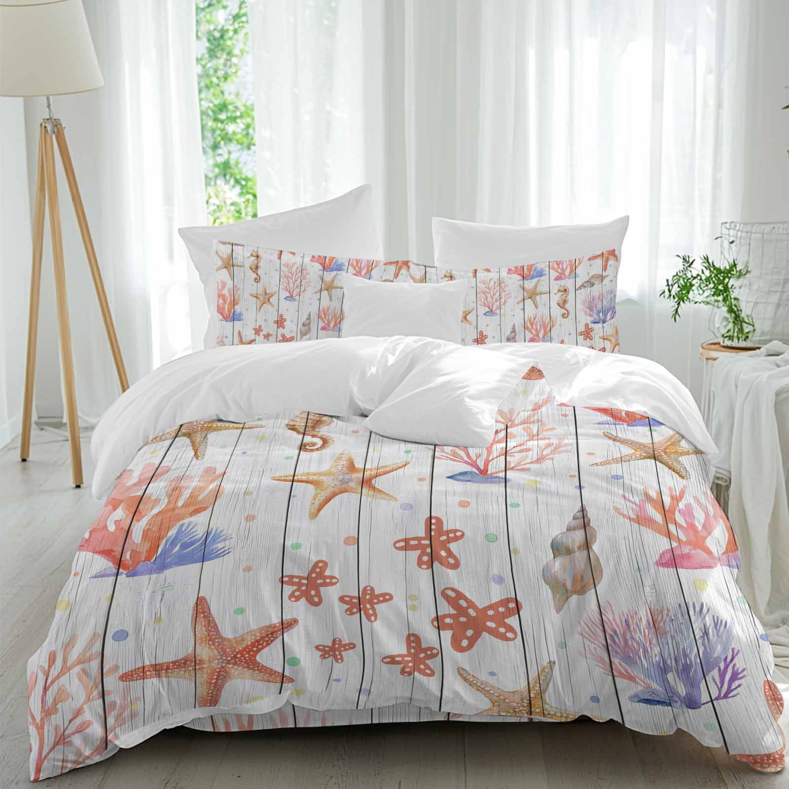 4 Piece Duvet Cover Set Full, Sea Starfish Coral Seahorse Soft ...