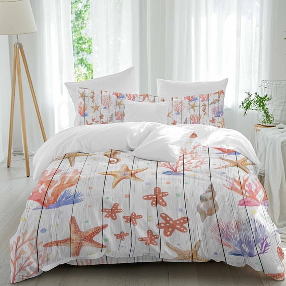 4 Piece Duvet Cover Set Full, Sea Starfish Coral Seahorse Soft ...