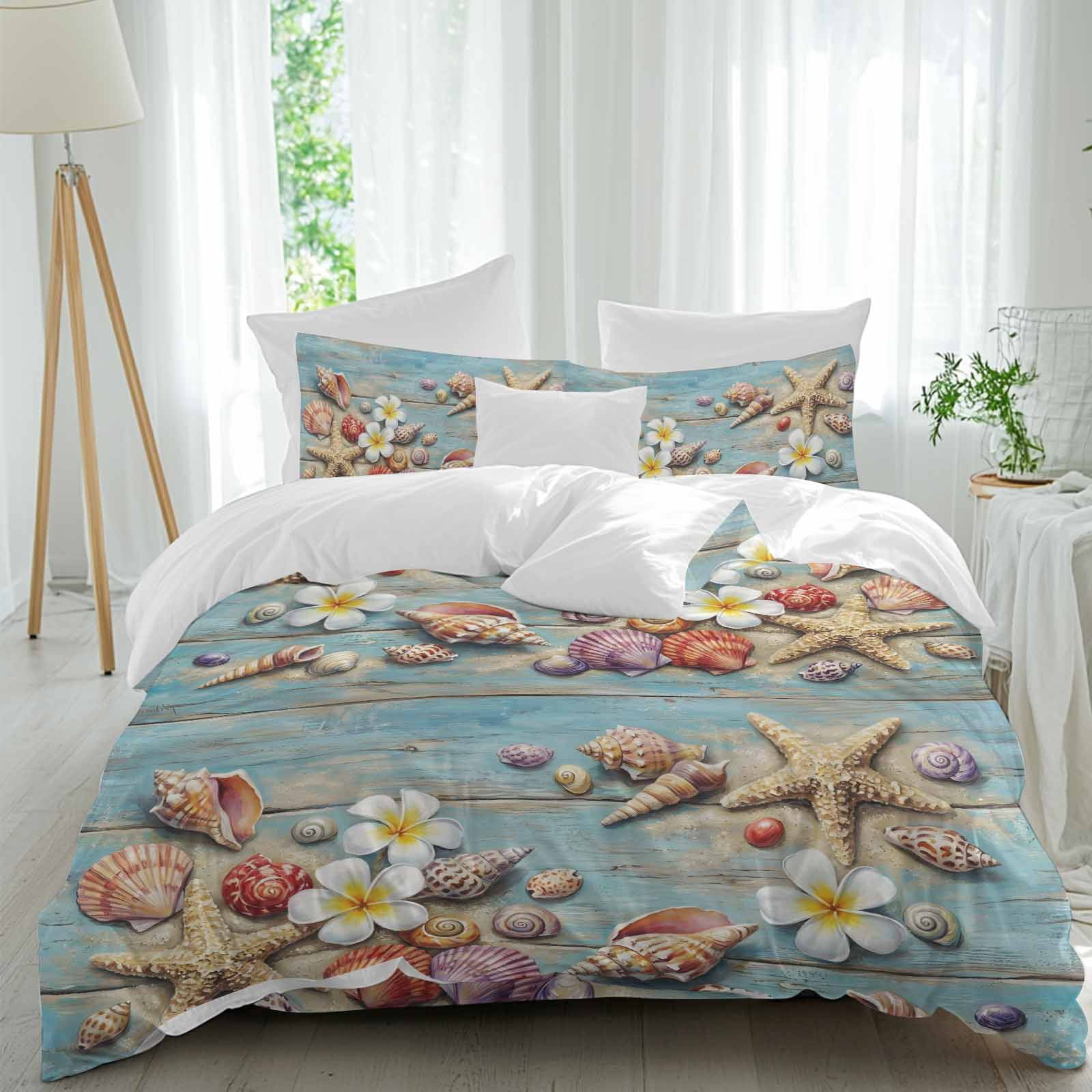 4 Piece Duvet Cover Set Full, Sea Stars Shells Carnival Flowers Soft ...