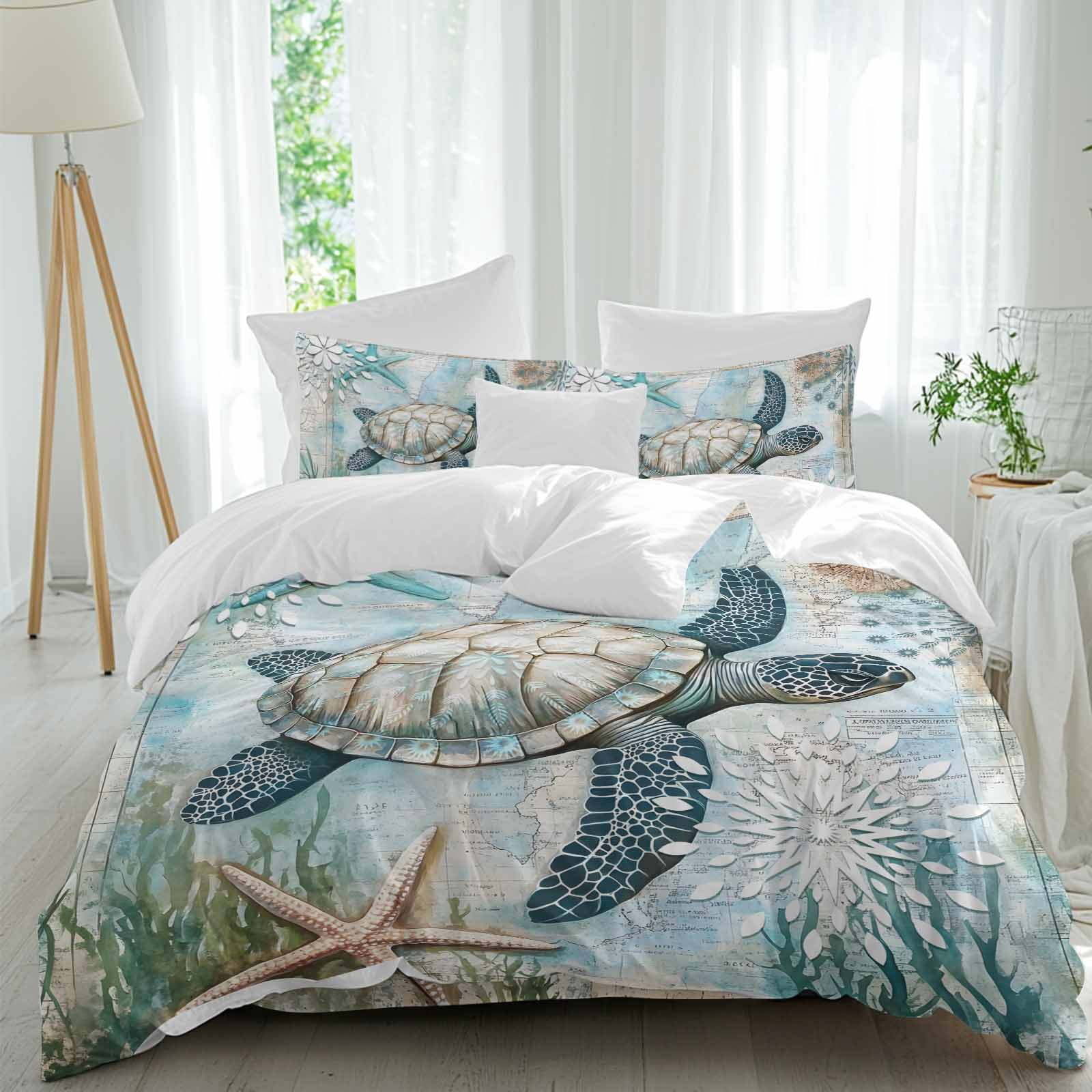 4 Piece Duvet Cover Set Full, Sea Turtle Ocean Starfish Coral Soft ...