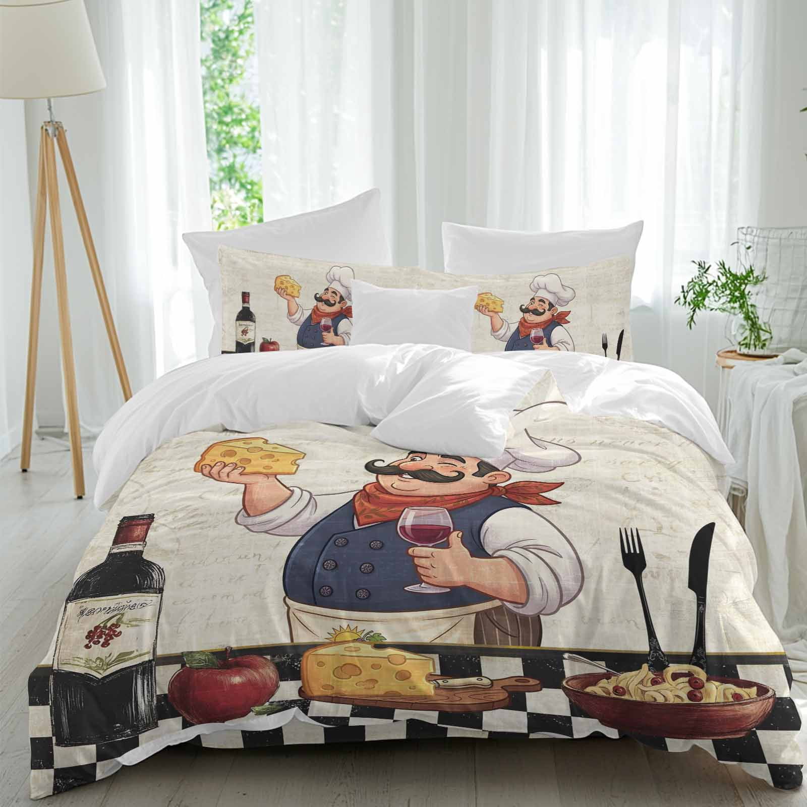 4 Piece Duvet Cover Set Full, Smiling Chef Cheese Wine Soft Breathable ...