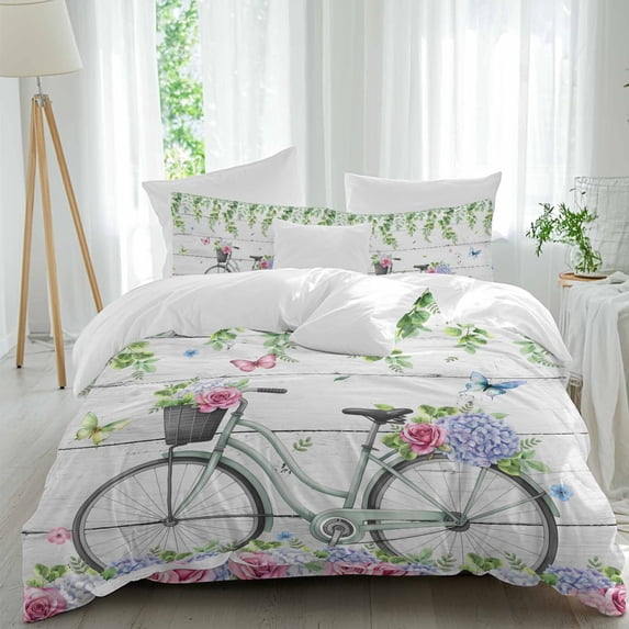4 Piece Duvet Cover Set Full, Spring Bike Roses on Wood Board Soft ...