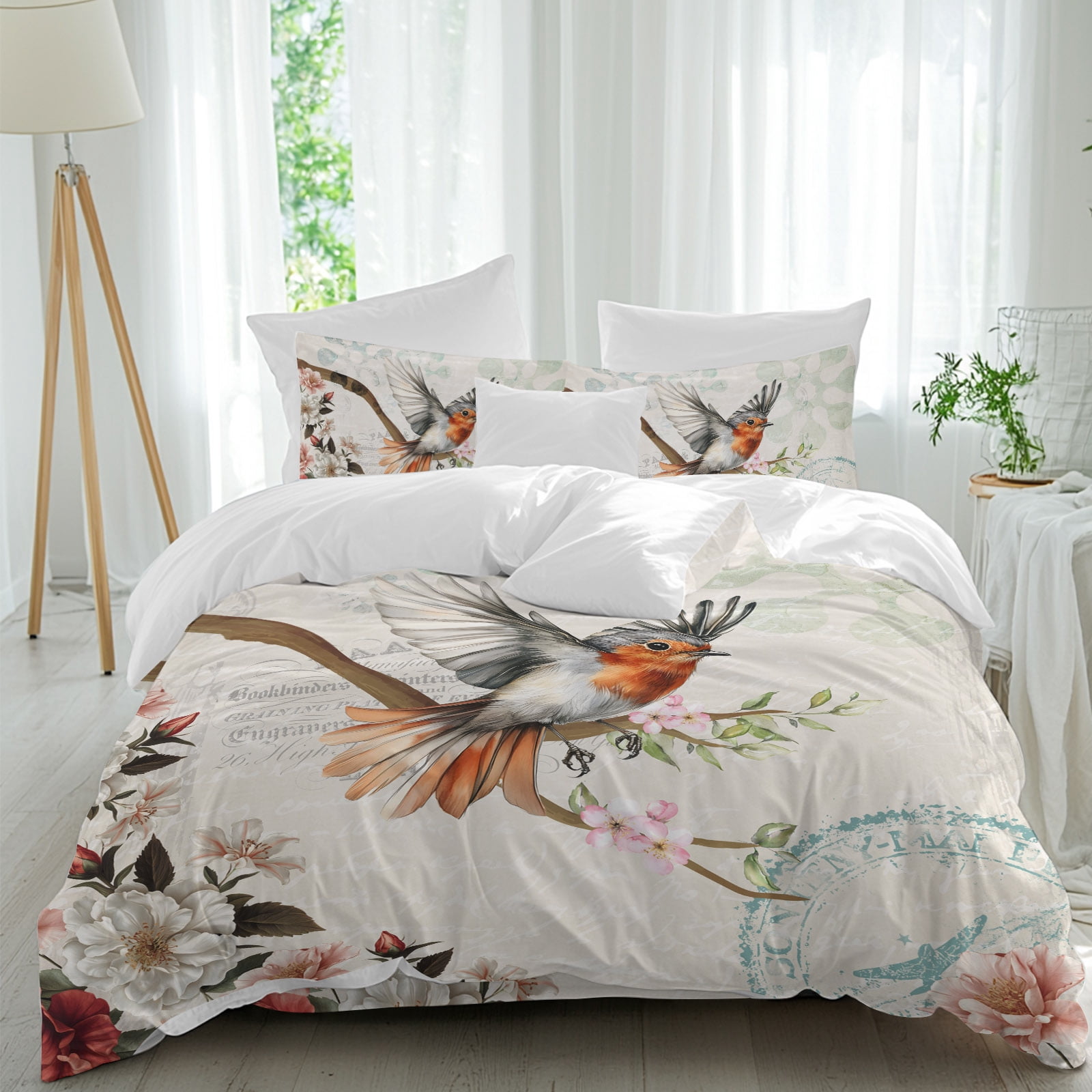 4 Piece Duvet Cover Set Full, Spring Bird Vintage Postcard Soft ...