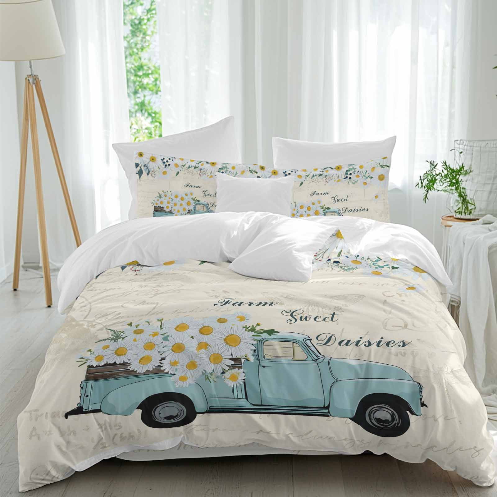 4 Piece Duvet Cover Set Full, Spring Blue Truck Daisy Flower Soft ...