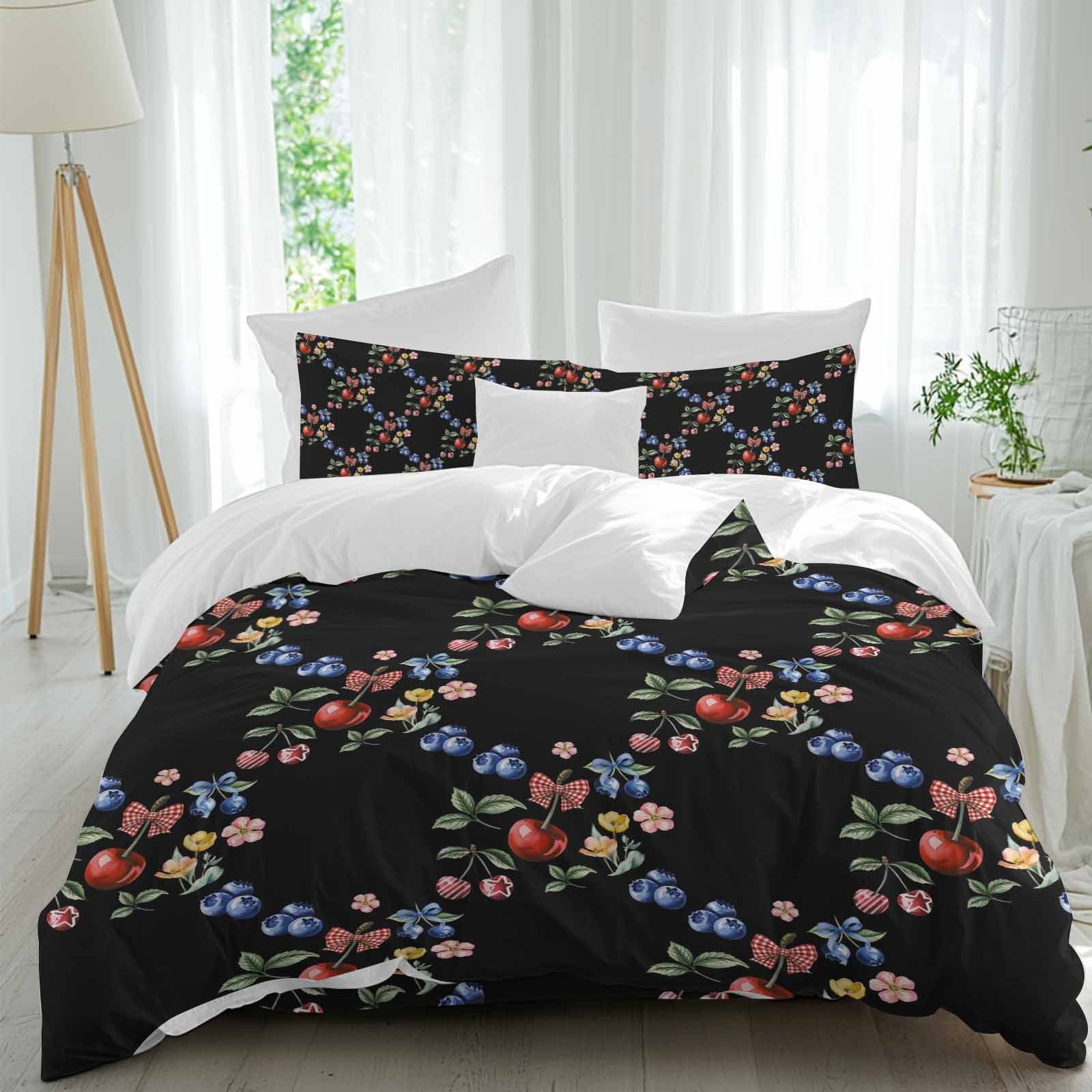 4 Piece Duvet Cover Set Full, Spring Blueberry Cherry Flowers Leaves ...