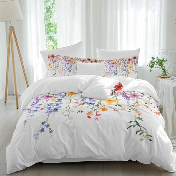 4 Piece Duvet Cover Set Full, Spring Colorful Flower on White Soft ...
