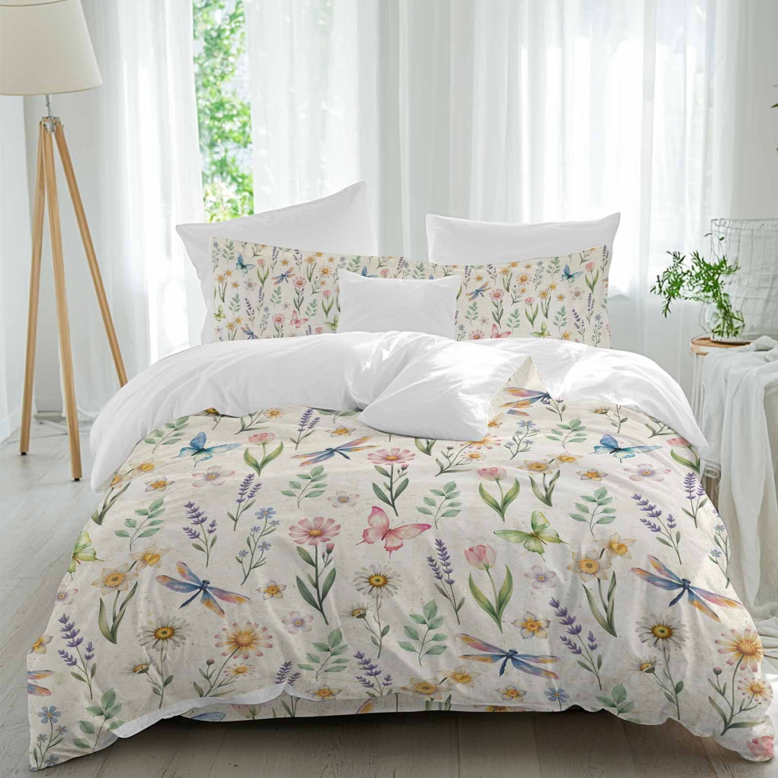 4 Piece Duvet Cover Set Full, Spring Daisy Flower Lavender Leaf Soft ...