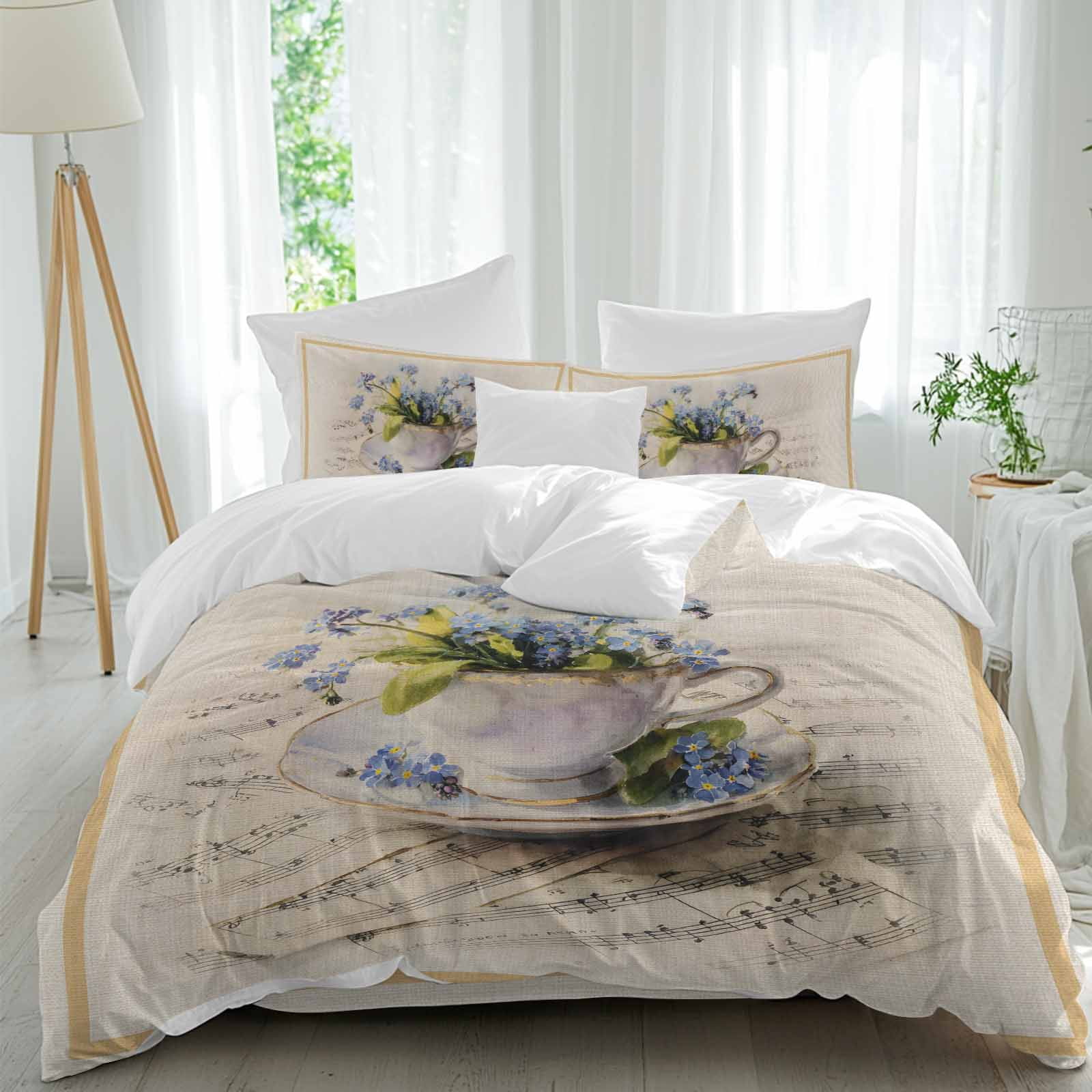 4 Piece Duvet Cover Set Full, Spring Flowers Tea Cup Musical Score Soft ...