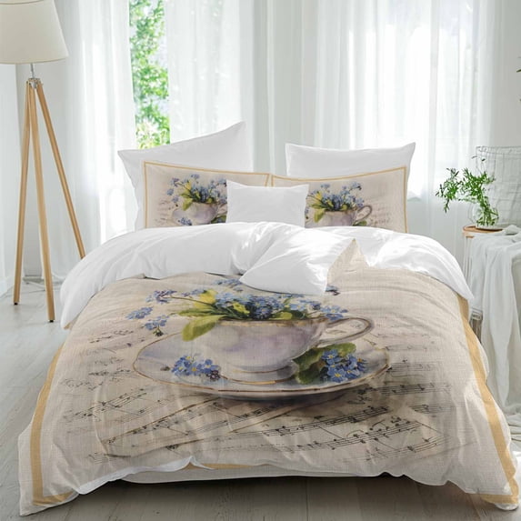 4 Piece Duvet Cover Set Full, Spring Flowers Tea Cup Musical Score Soft ...
