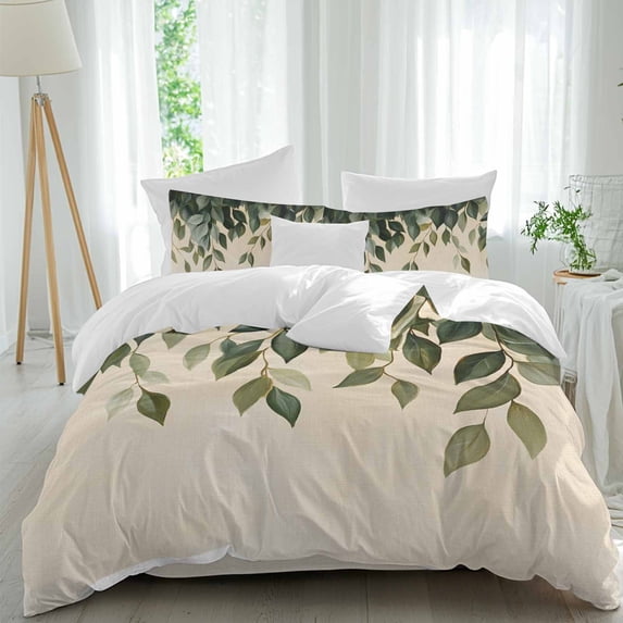 4 Piece Duvet Cover Set Full, Spring Green Leaves on Vintage Linen Soft ...