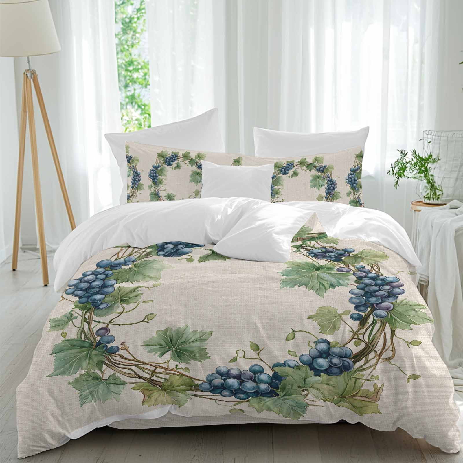 4 Piece Duvet Cover Set Full, Spring Purple Grapes on Beige Linen Soft ...