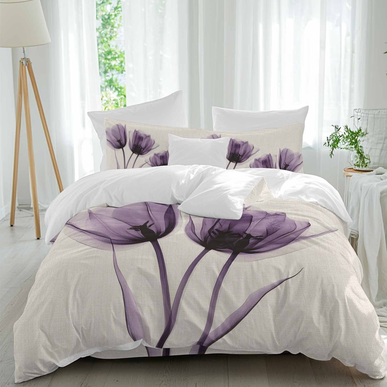 4 Piece Duvet Cover Set Full, Spring Purple Tulip Floral on Linen Soft ...