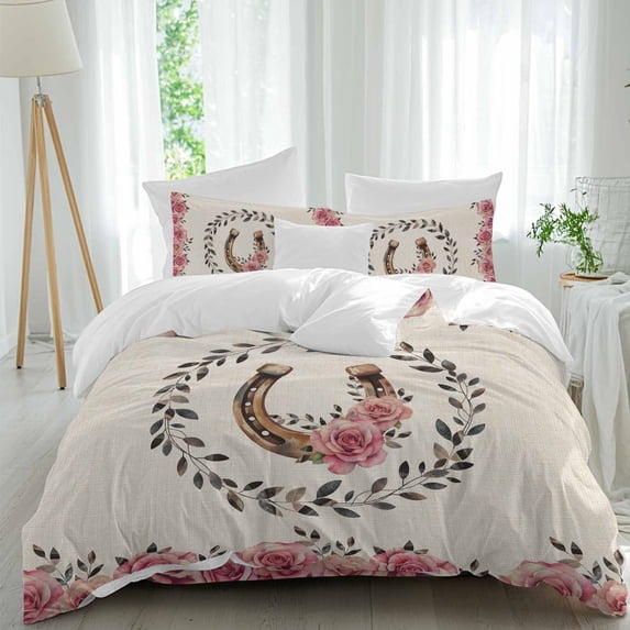 4 Piece Duvet Cover Set Full, Spring Rose Horseshoes Leaf Soft ...