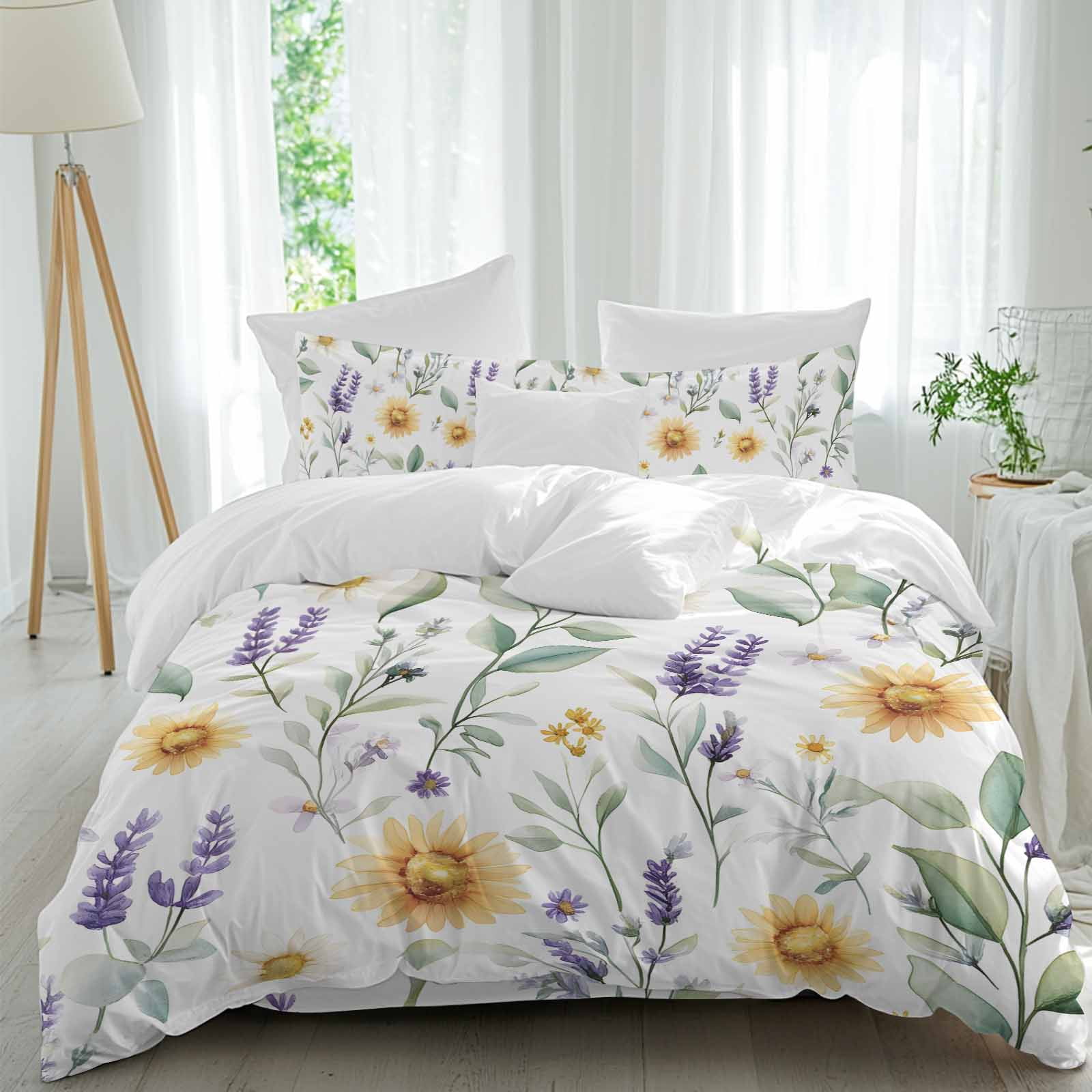 4 Piece Duvet Cover Set Full, Spring Sunflower Green Watercolor Leaves ...