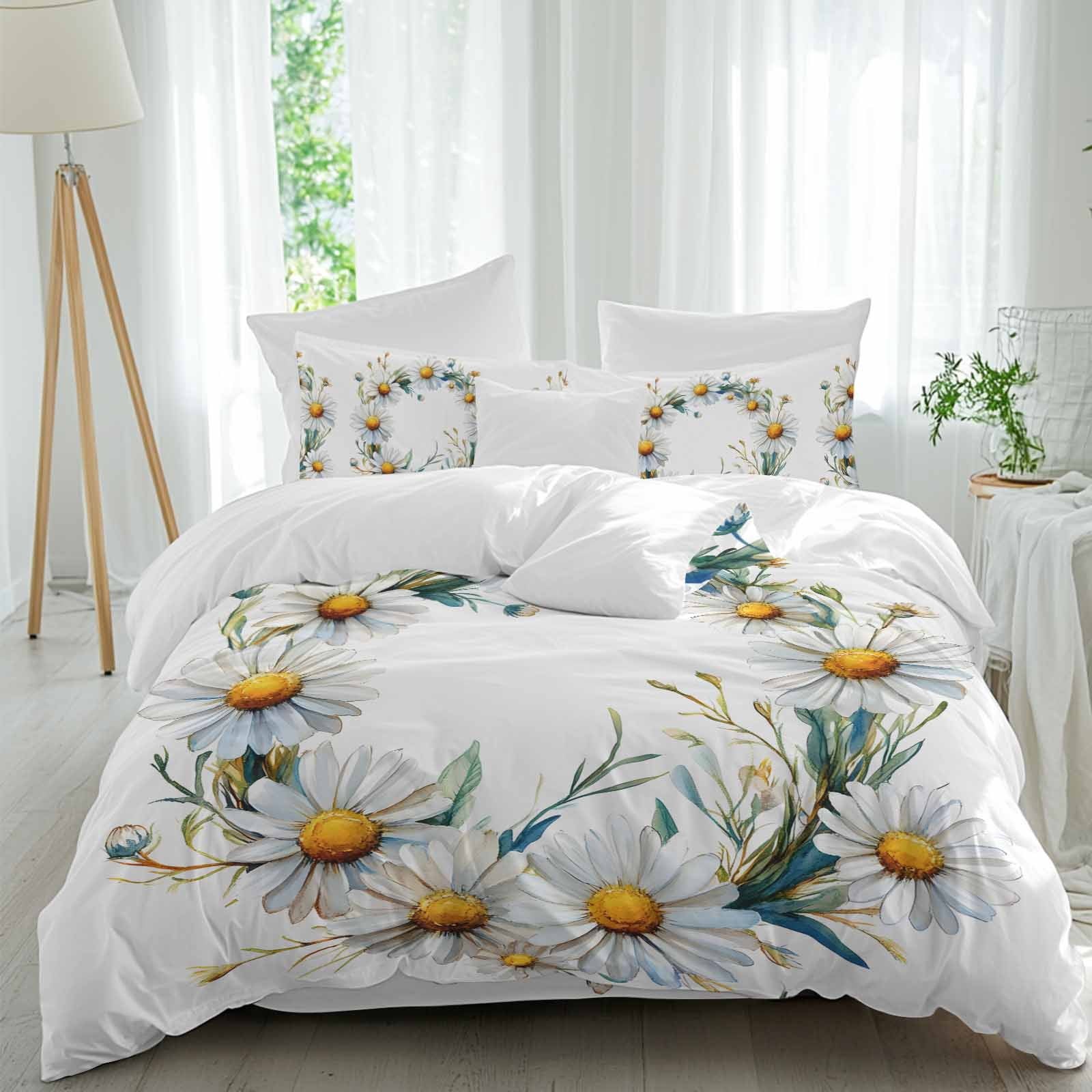 4 Piece Duvet Cover Set Full, Spring Watercolor Daisy Garland Soft ...