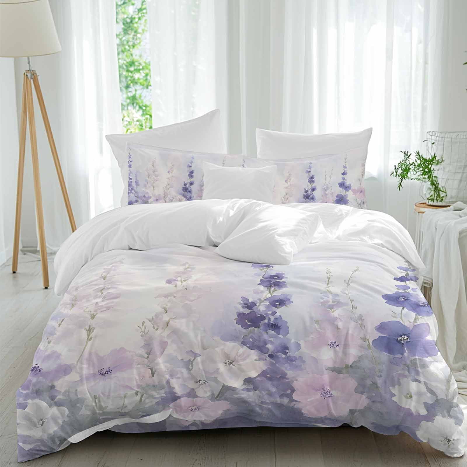 4 Piece Duvet Cover Set Full, Spring Watercolor Purple Lavender Flower ...