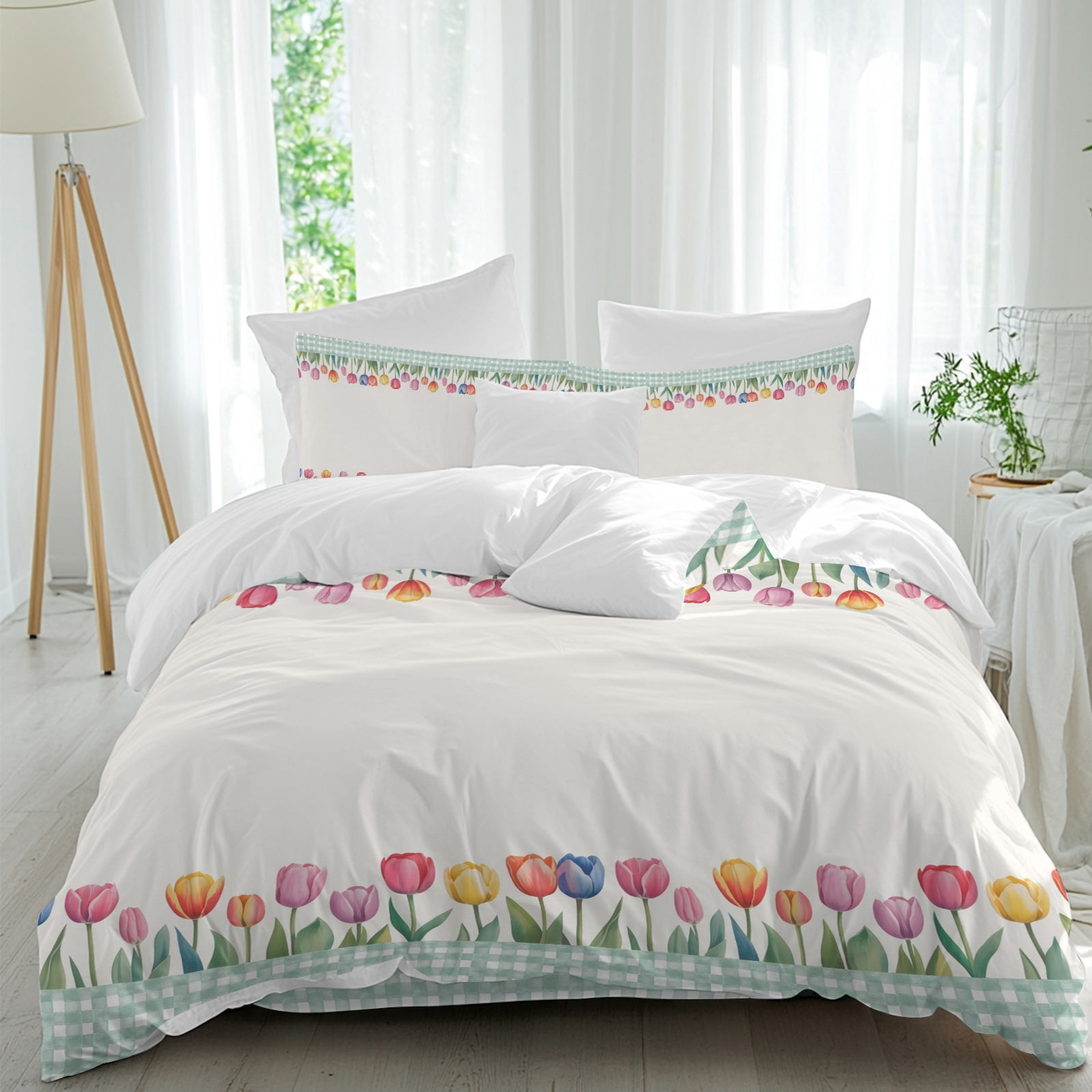 4 Piece Duvet Cover Set Full, Spring Watercolor Tulips on Beige Soft ...