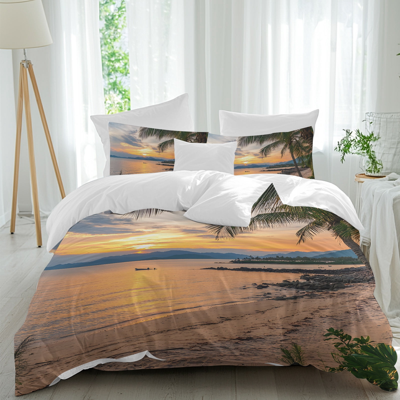 4 Piece Duvet Cover Set Full, Summer Beach Ocean Coconut Tree Soft ...