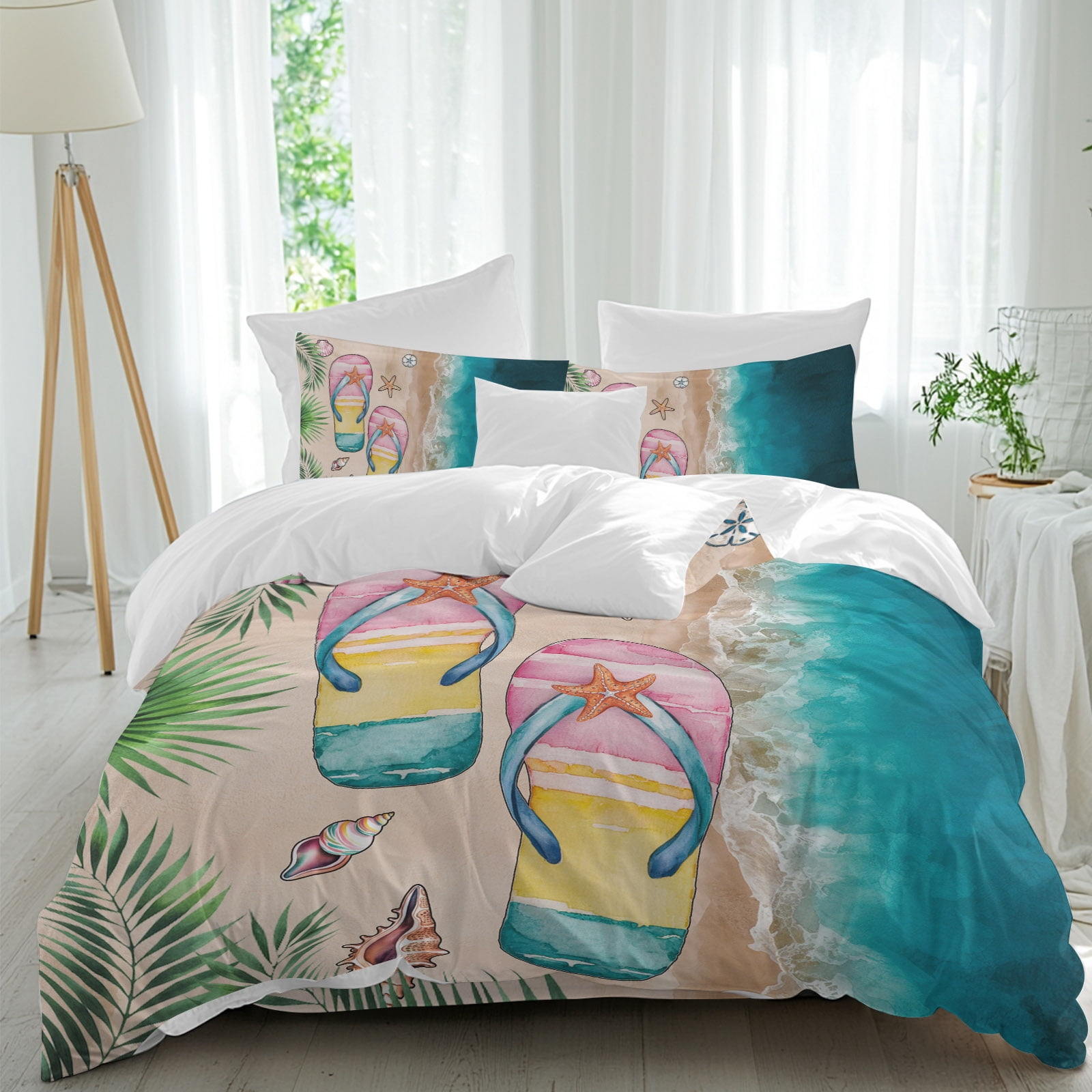 4 Piece Duvet Cover Set Full, Summer Beach Starfish Flip Flops Soft ...