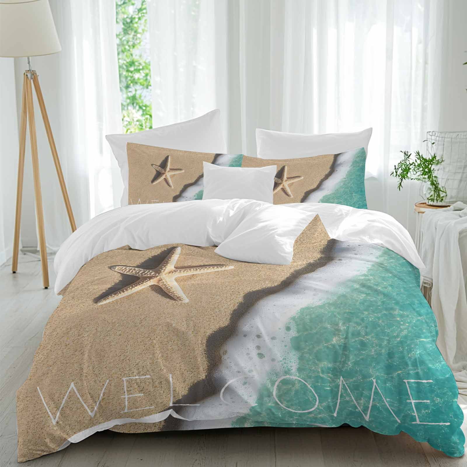 4 Piece Duvet Cover Set Full, Summer Beach Starfish Teal Seawater Soft ...