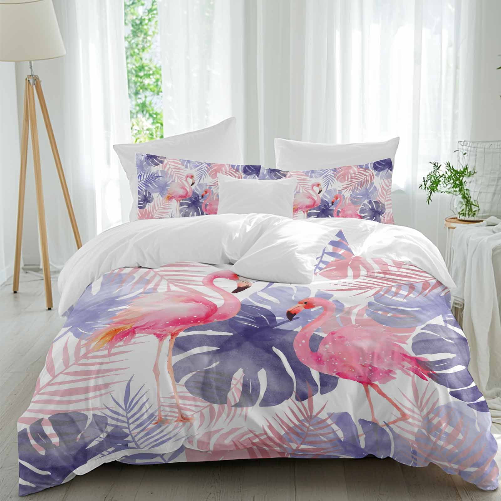4 Piece Duvet Cover Set Full, Summer Flamingo Monstera Soft Breathable ...