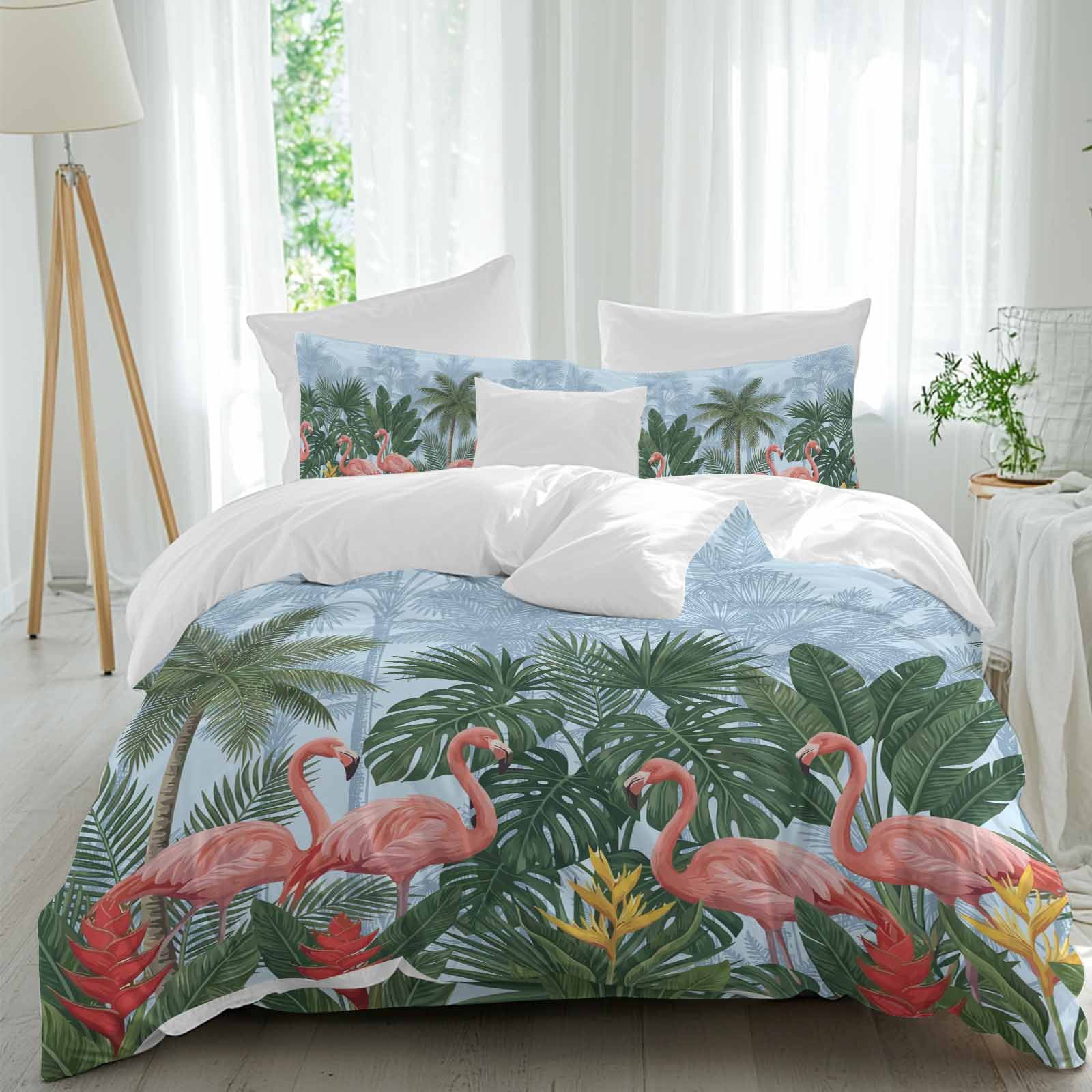 4 Piece Duvet Cover Set Full, Summer Flamingo Palm Tree Monstera Soft ...