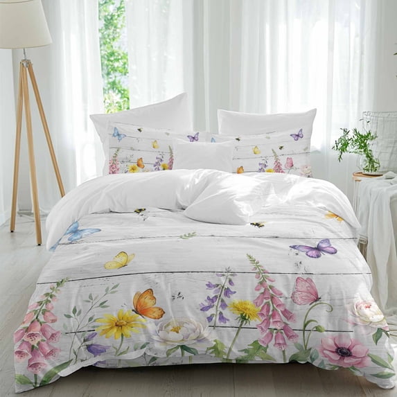 4 Piece Duvet Cover Set Full, Summer Flower Leaf Butterfly Bee Soft ...