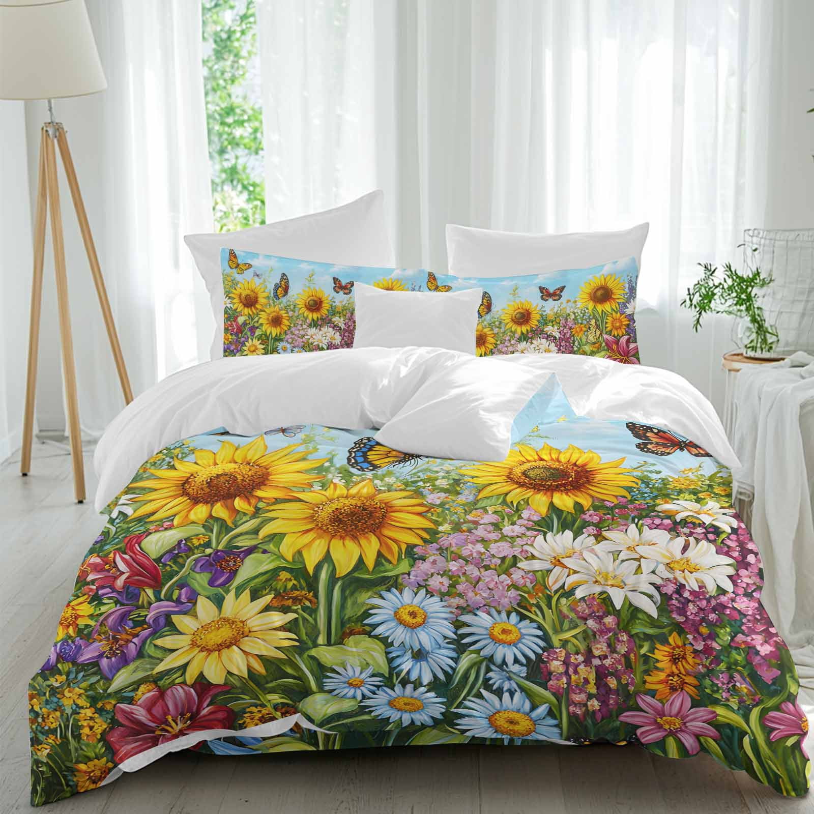 4 Piece Duvet Cover Set Full, Summer Idyllic Sunflower Daisy Butterfly ...