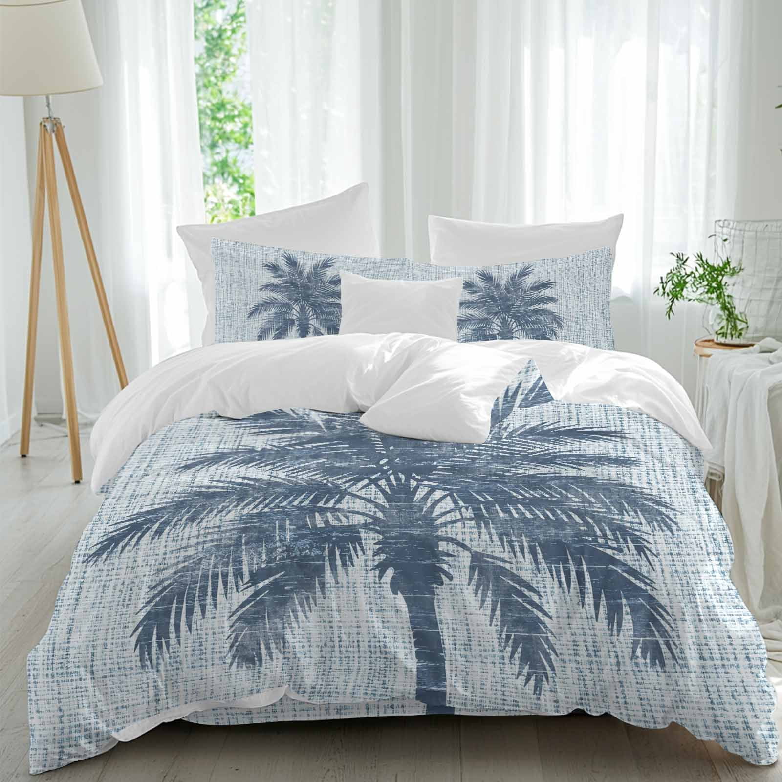 4 Piece Duvet Cover Set Full, Summer Navy Blue Palm Tree Soft ...