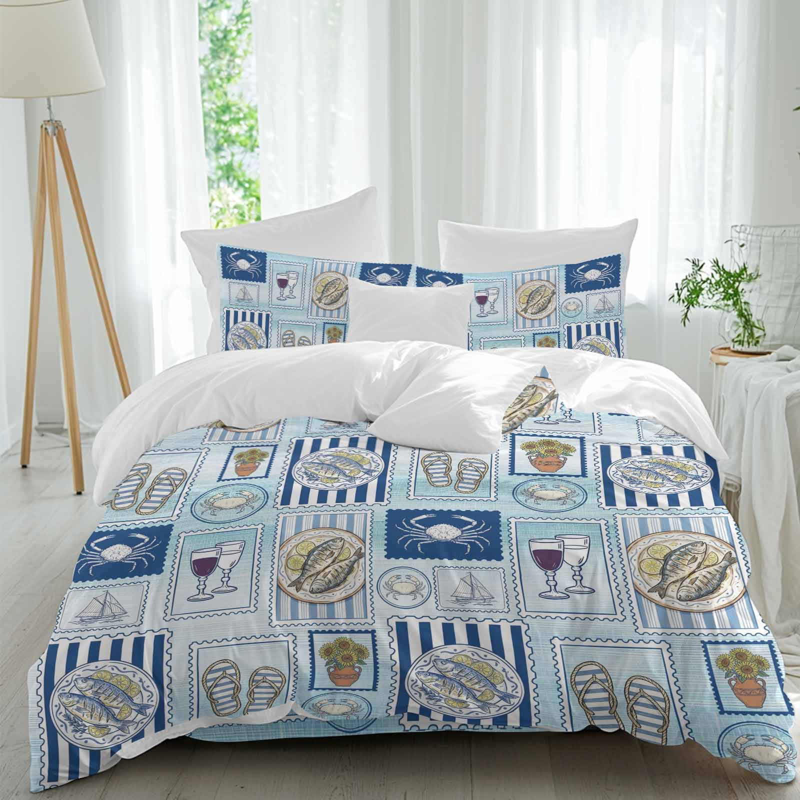 4 Piece Duvet Cover Set Full, Summer Ocean Beach Crab Fish Soft ...