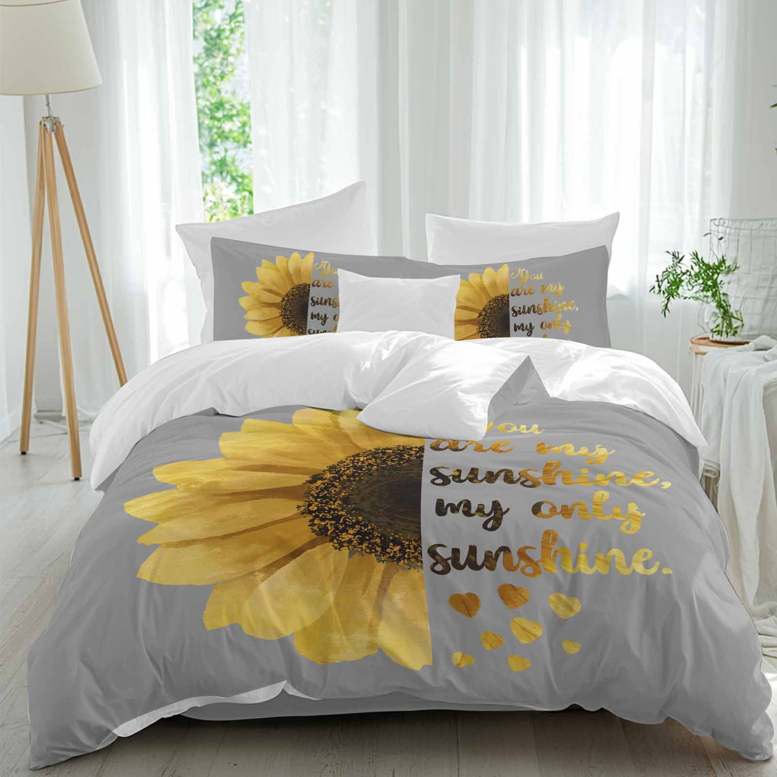 4 Piece Duvet Cover Set Full, Sunflower on Grey Soft Breathable Bedding ...