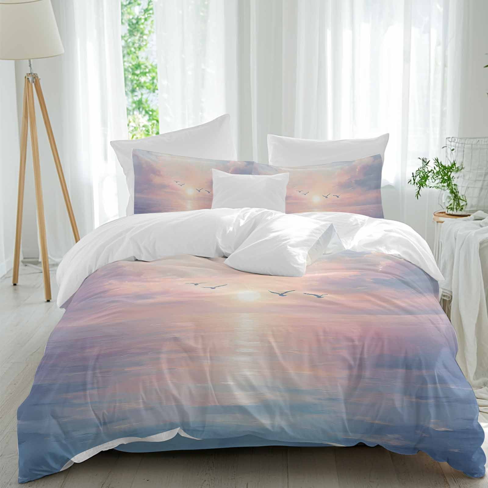 4 Piece Duvet Cover Set Full, Sunset Seabirds Blue Ocean Pink Sky Soft ...