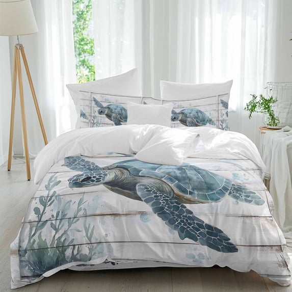 4 Piece Duvet Cover Set Full, Teal Blue Sea Turtle On Wood Grain Soft ...
