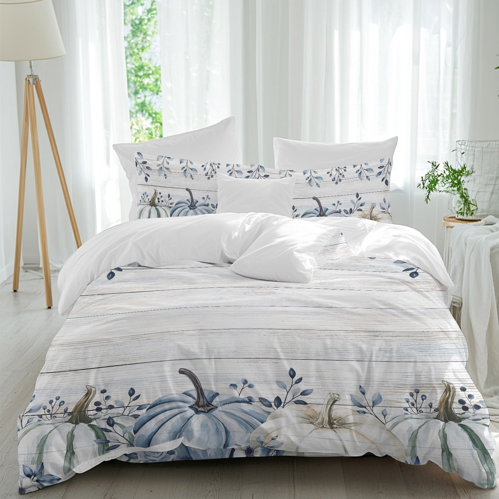 4 Piece Duvet Cover Set Full, Thanksgiving Blue Pumpkin on Wood Soft ...