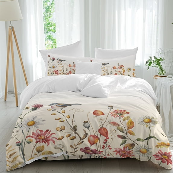 4 Piece Duvet Cover Set Full, Thanksgiving Fall Leaf Daisy Flower Bird ...
