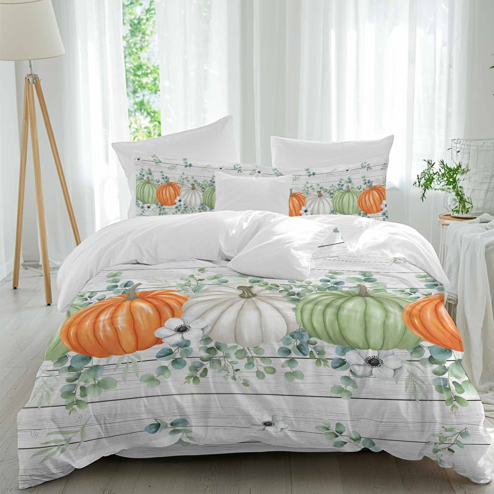 4 Piece Duvet Cover Set Full, Thanksgiving Orange Pumpkin Eucalyptus ...