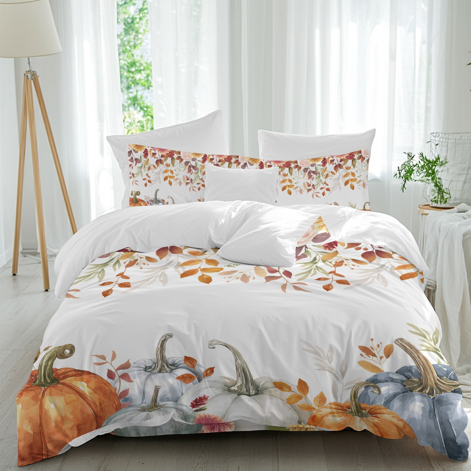 4 Piece Duvet Cover Set Full, Thanksgiving Pumpkin Blossom Floral Soft ...