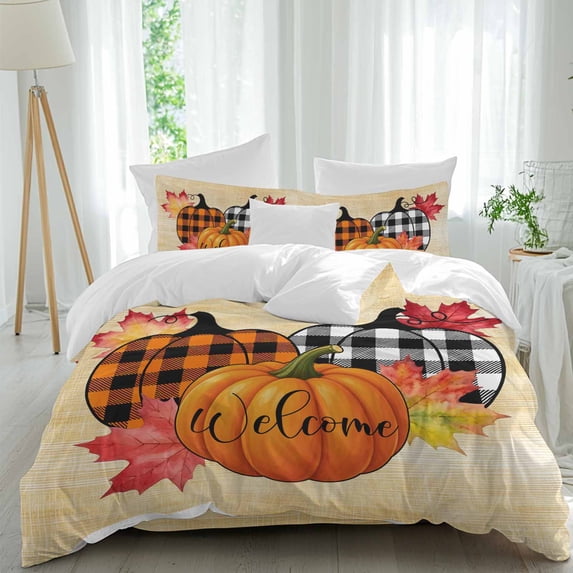 4 Piece Duvet Cover Set Full, Thanksgiving Pumpkin Buffalo Plaid Soft ...