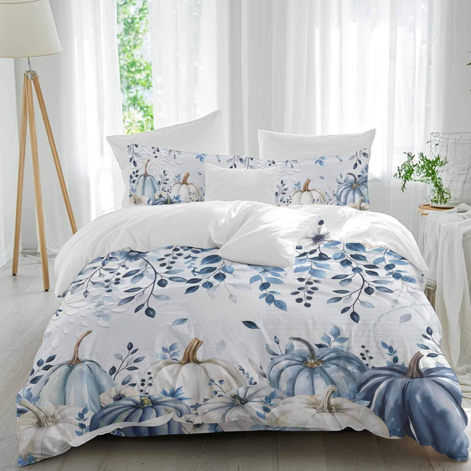 4 Piece Duvet Cover Set Full, Thanksgiving Pumpkin Eucalyptus Leaf Soft ...