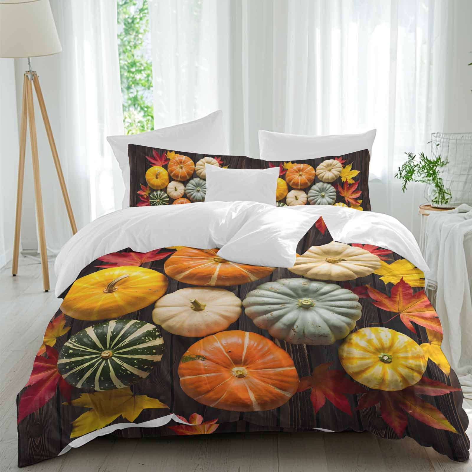 4 Piece Duvet Cover Set Full, Thanksgiving Pumpkin Fall Red Maple Leaf ...