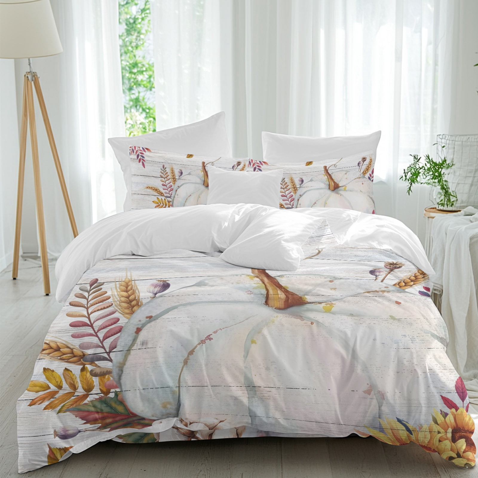 4 Piece Duvet Cover Set Full, Thanksgiving White Pumpkin Wheat Soft ...